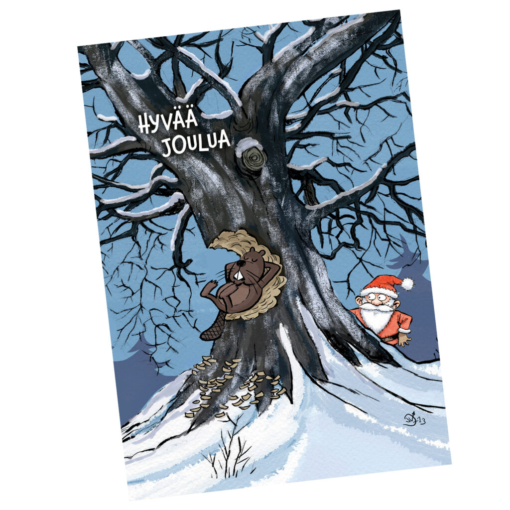 Kamala Luonto -joulukortti ”Tonttu ja majava” – ELUKKAMANIA